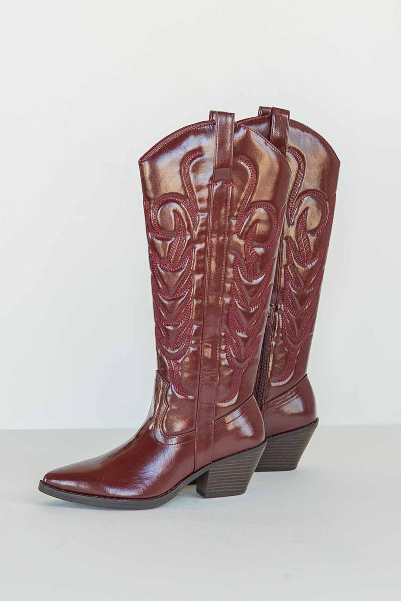 [COCONUTS BY MATISSE] DIXIE BURGUNDY PATENT COWBOY BOOTS – Ruby and Yaya